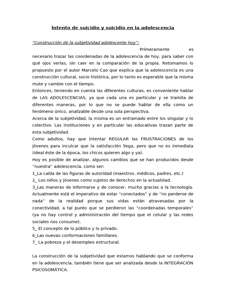 Intento de suicidio y suicidio en la adolescencia | PDF | Suicidio | Adolescencia
