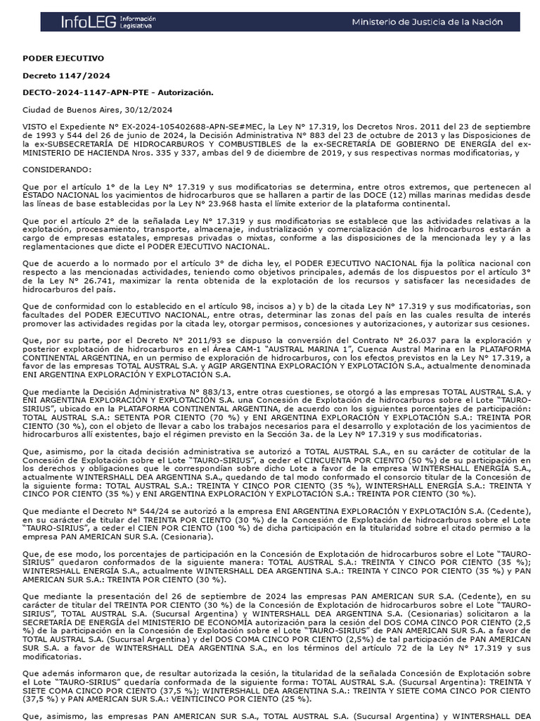 Poder Ejecutivo Decreto 1147/2024 DECTO-2024-1147-APN-PTE ...