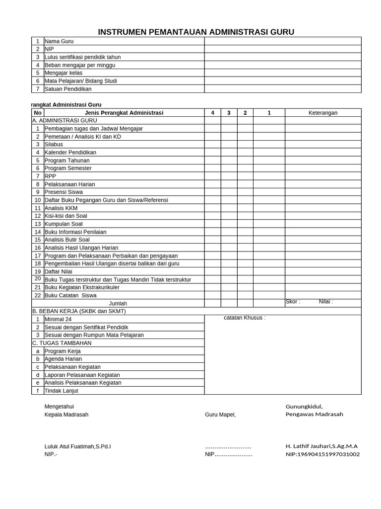 Instrumen Adminitrasi Guru Lengkap | PDF