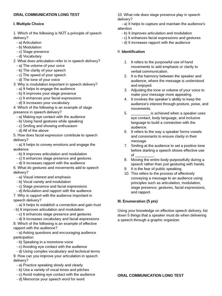 Oral Communication Speech Delivery Test | PDF | Speech | Human Voice