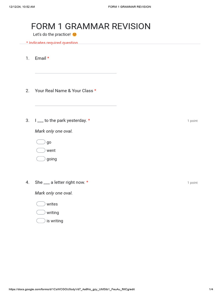 Form 1 Grammar Revision Quiz | PDF | Linguistics | Grammar