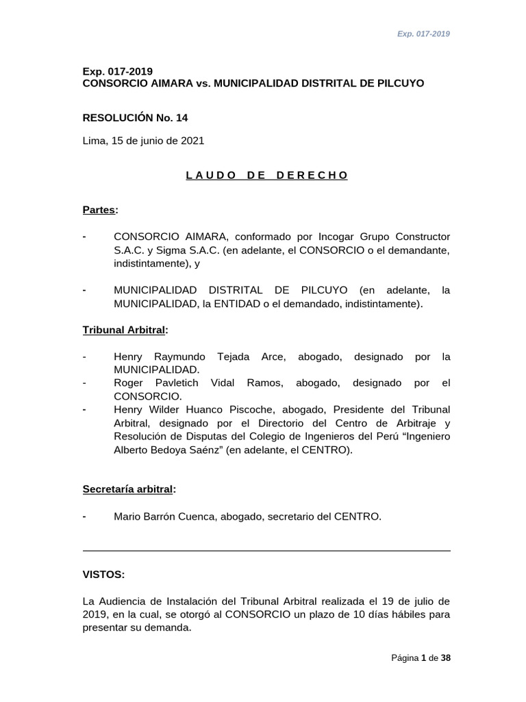Laudo Arbitral - Consorcio Aimara vs. Municipalidad de Pilcuyo | PDF | Demanda judicial | Arbitraje