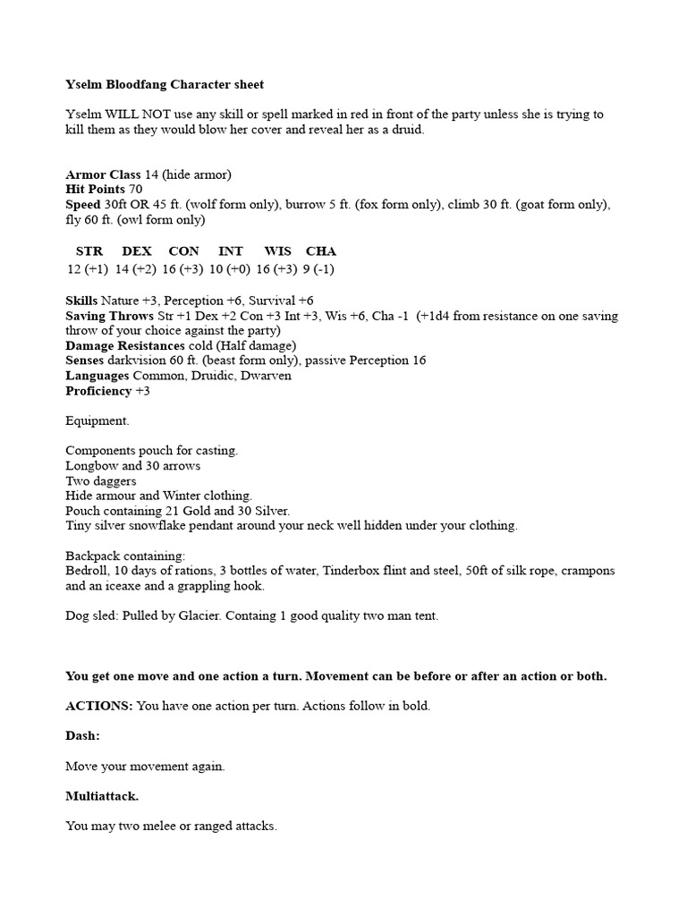 Yselm Character Sheet Simplified | PDF