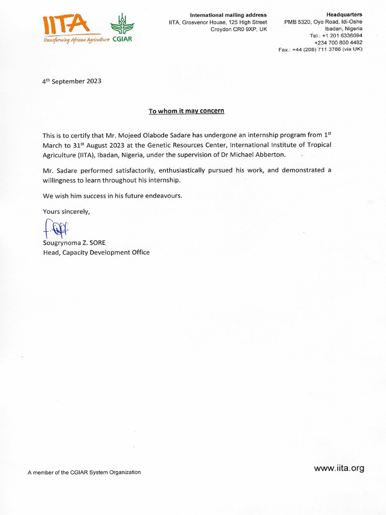 IITA Recommendation Letter | PDF