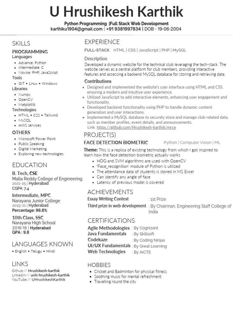 Hrushikesh Karthik Resume | PDF | Web Development | World Wide Web