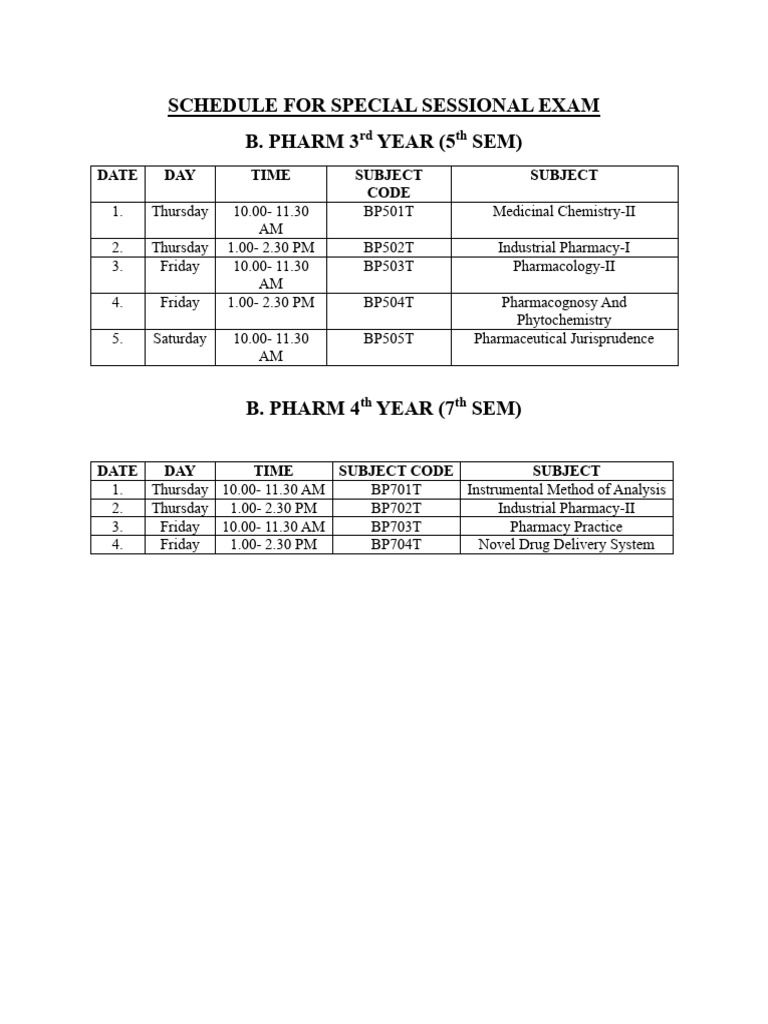 Schedule For Special Sessional Exam | PDF