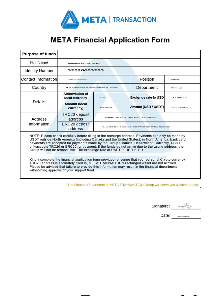 META TRANSACTION Financial Application Form | PDF