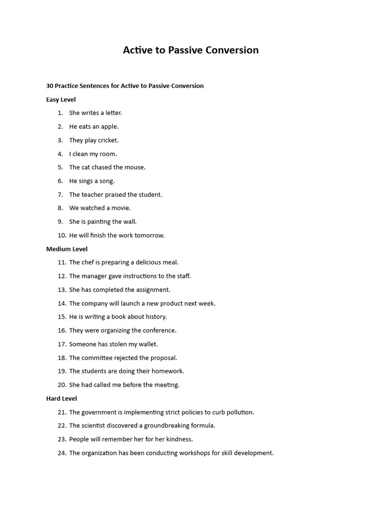 Active to Passive Voice Practice Sentences | PDF