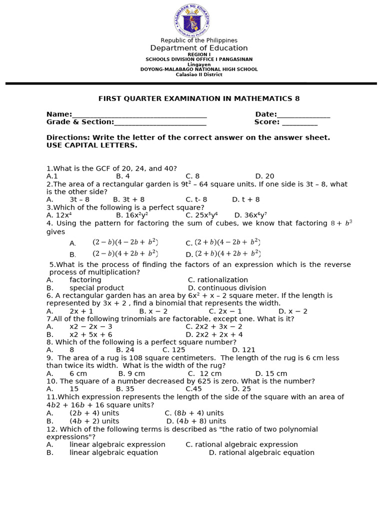 A4 PRINT 1ST Quarter Exam 2023 | PDF | Equations | Mathematics