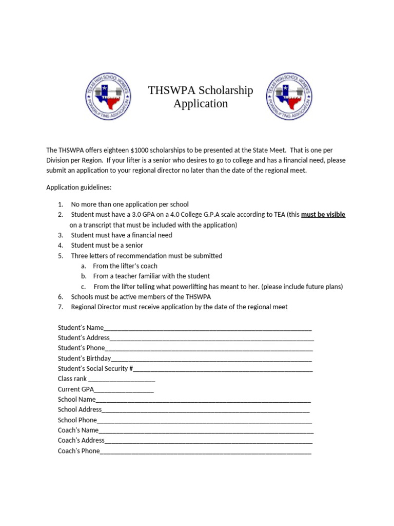 2015 THSWPA Scholarship Application | PDF