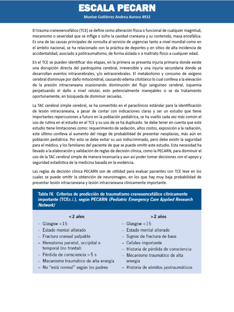 Escala PECARN en TCE Pediátrico | PDF | Medicina | Enfermedades y ...