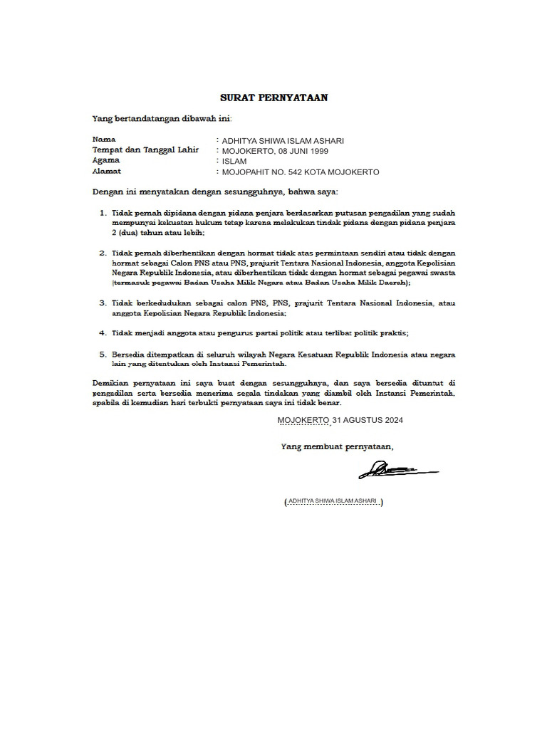 Surat Cpns Adhitya-1 | PDF