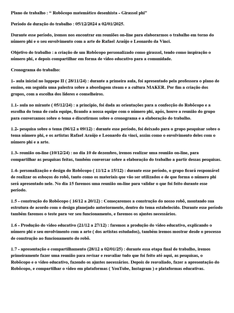 Plano de Trabalho " Robôcopo Matemático Desenhista - Girassol Phi" PDF ...