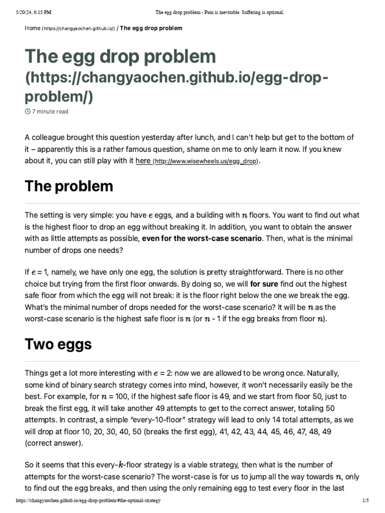 The egg drop problem - Pain is inevitable. Suffering is optional_ | PDF | Dynamic Programming ...