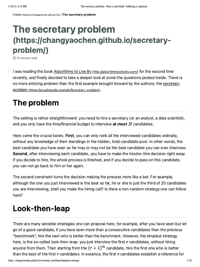 The secretary problem - Pain is inevitable. Suffering is optional_ | PDF | Dynamic Programming ...