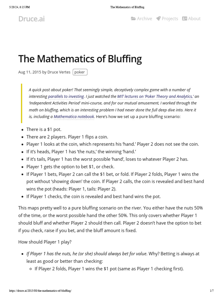 Poker Bluffing Strategy Math | PDF | Gambling