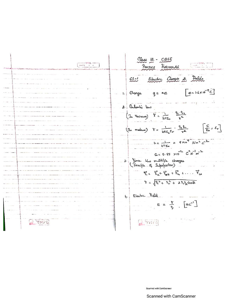Cls 12 - Phy Formulas - CH 1 To 7 | PDF