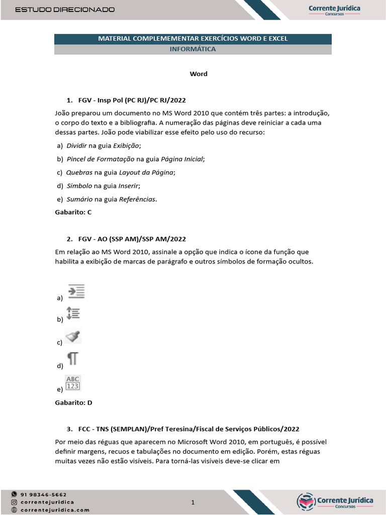 Material Complementar Aula Excel Exercicios Extras Word e Excel ...