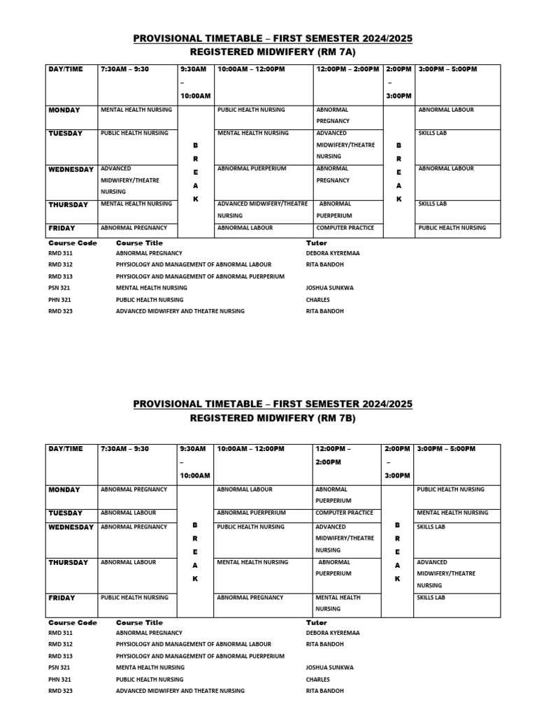 Provisional Lectures Timetable For Rm7 - 2024 - 25 1st Sem | PDF | Health Care | Social Programs