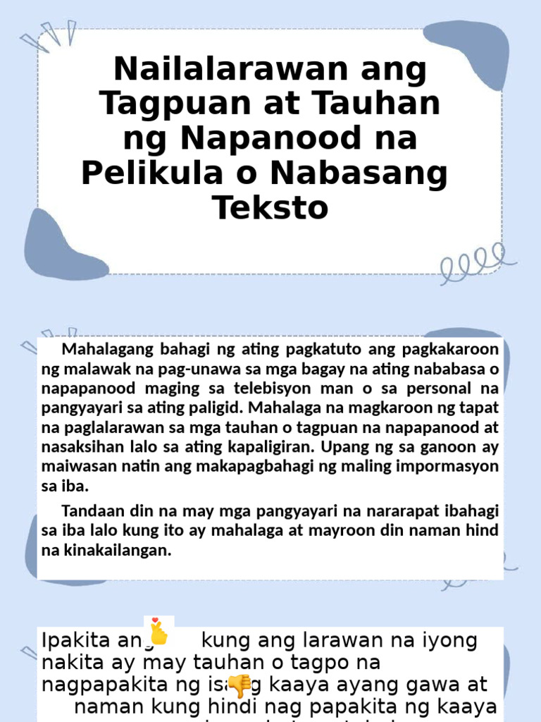 Nailalarawan Ang Tagpuan at Tauhan NG Napanood Na Pelikula o Nabasang | PDF