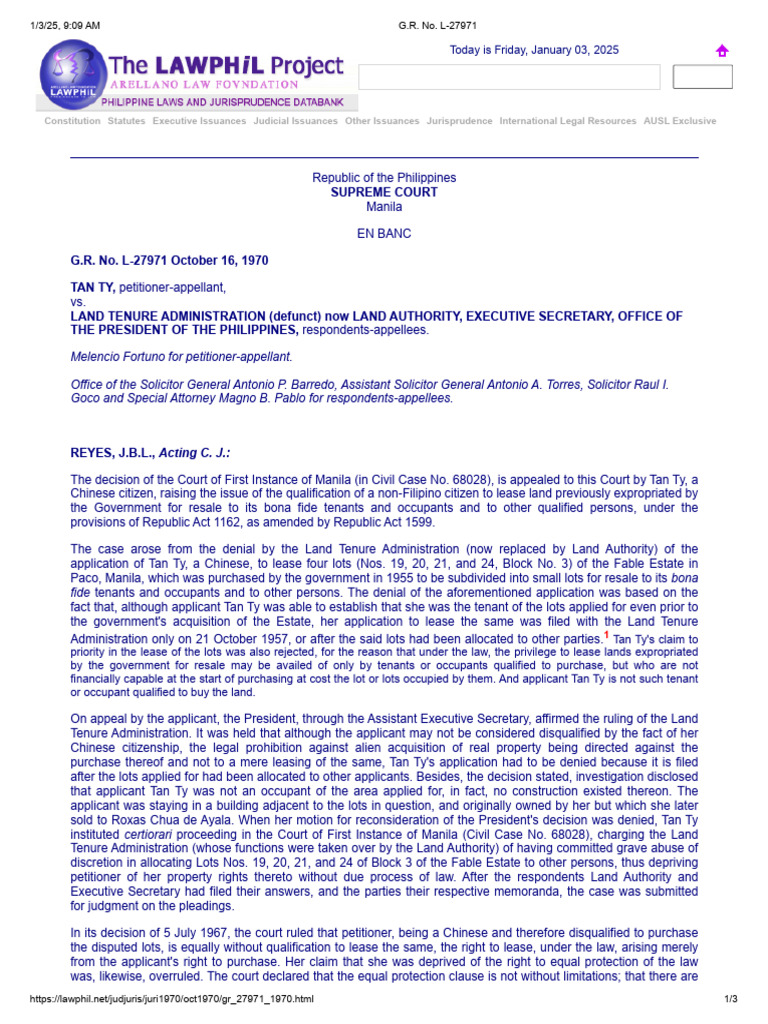 G.R. No. L-27971 | PDF | Lease | Equal Protection Clause