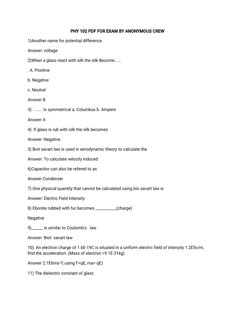 PHY 102 Exam Prep Questions PDF | PDF