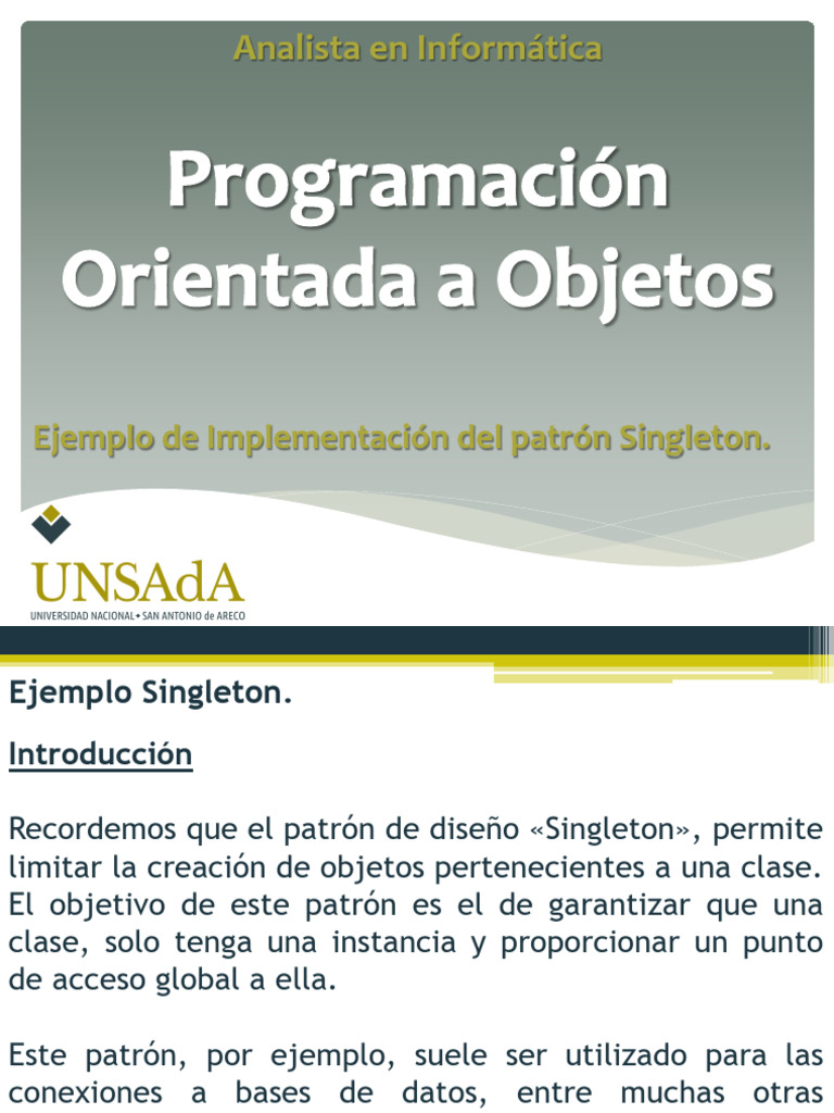 Ejemplo Implementación Singleton | PDF | Objeto (informática) | Clase (Programación informática)