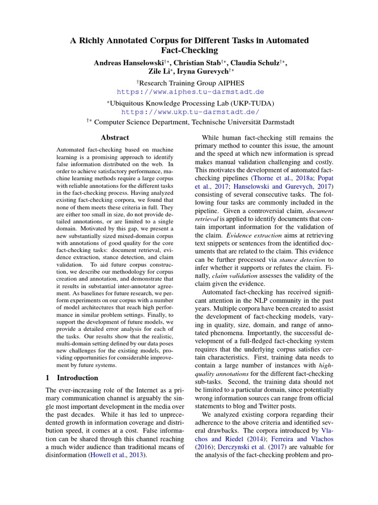 A Richly Annotated Corpus for Different Tasks in Automated Fact-Checking | PDF | Annotation