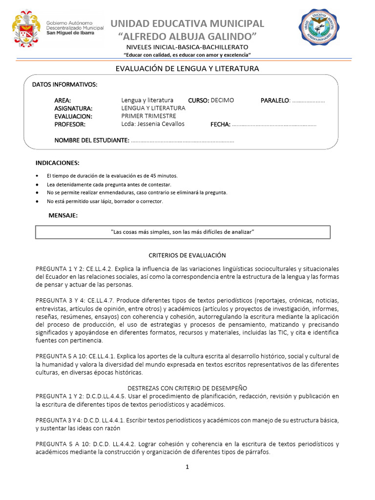 Evaluacion Decimo B 1 Trimestre | PDF | Evaluación