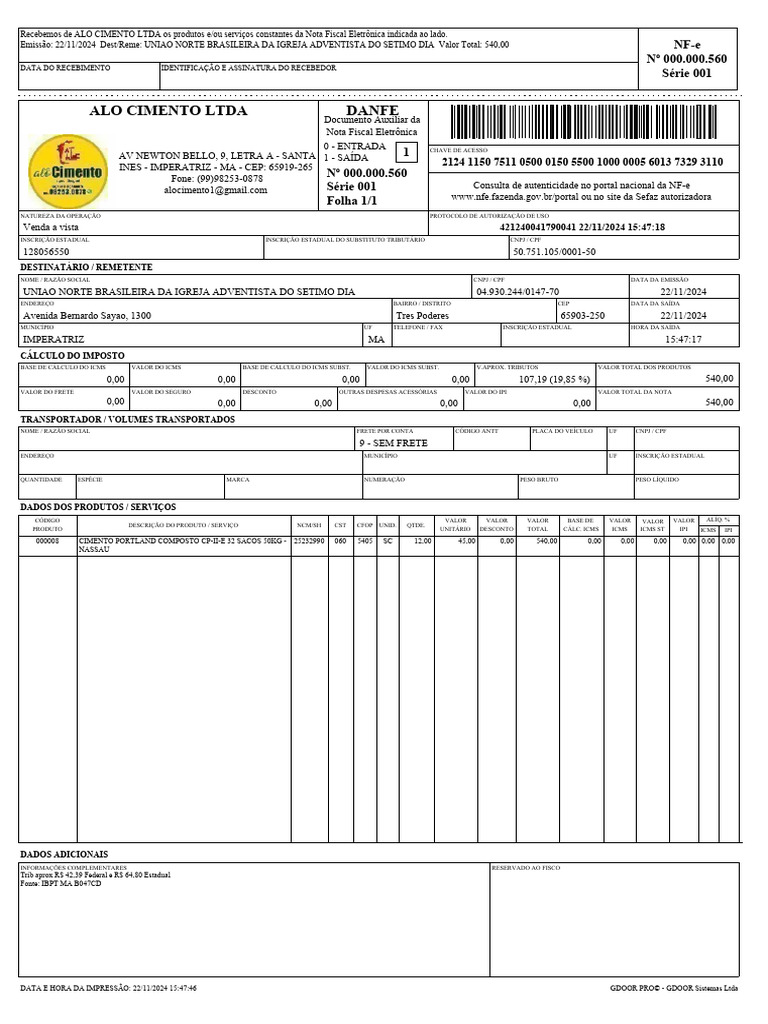 21241150751105000150550010000005601373293110-nfe | PDF | Recibo