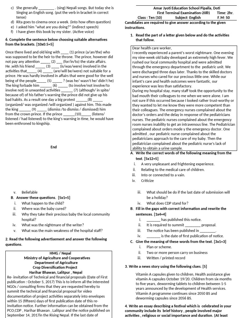 english 1st term 2081 | PDF | Pediatrics