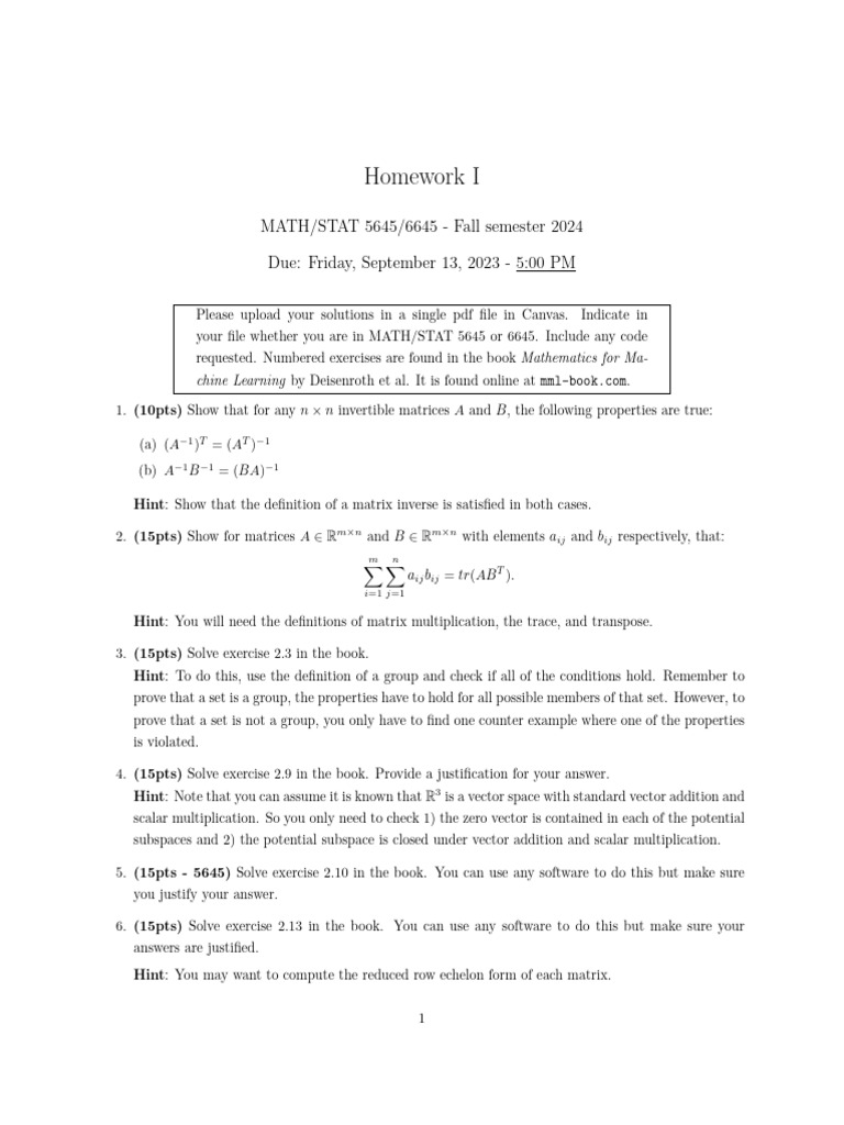 Math 5645 home work 1 | PDF | Linear Subspace | Matrix (Mathematics)