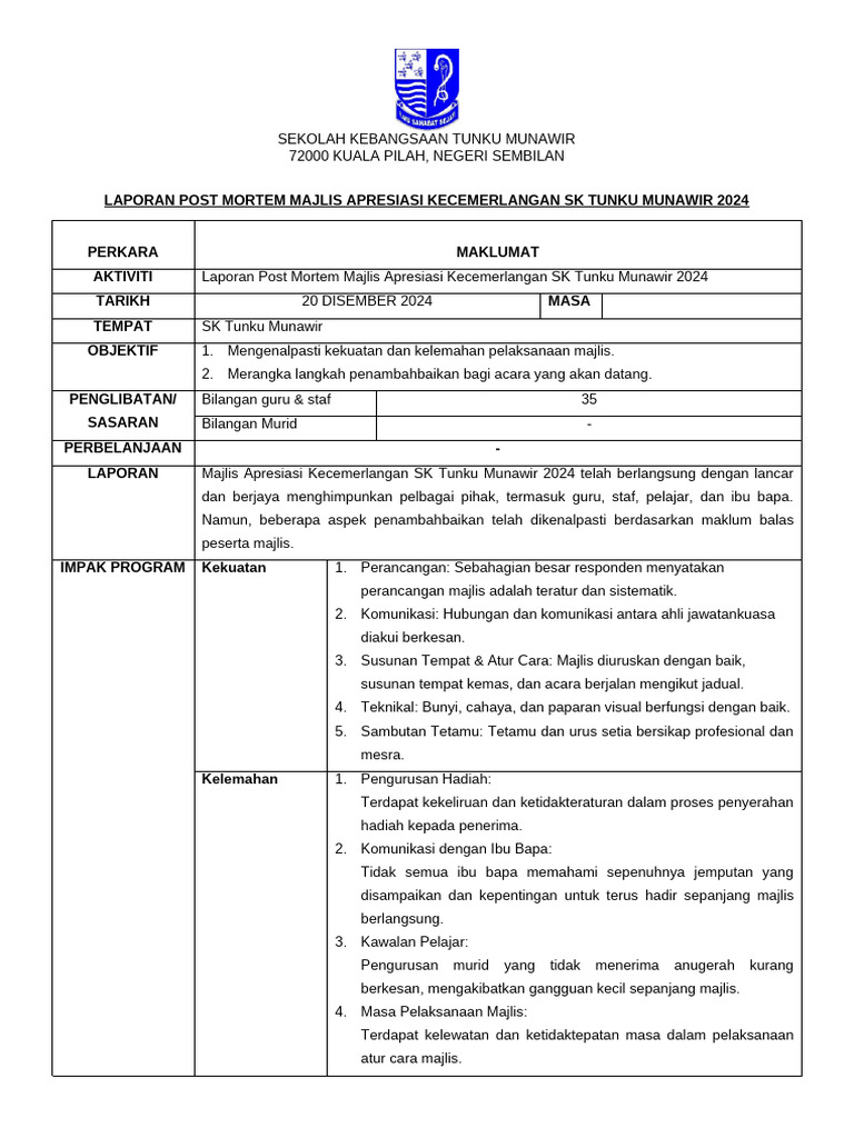 Laporan Post Mortem Majlis Apresiasi Kecemerlangan 2024 | PDF