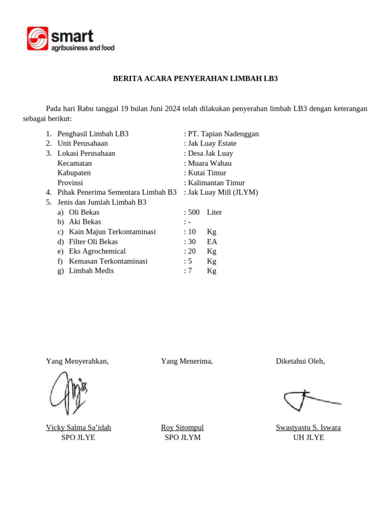 BERITA ACARA PENYERAHAN LIMBAH LB3 | PDF