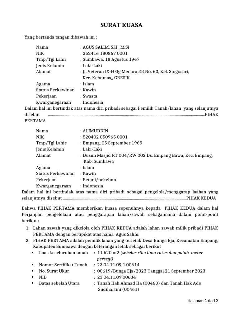 Surat Kuasa Garap Sawah | PDF