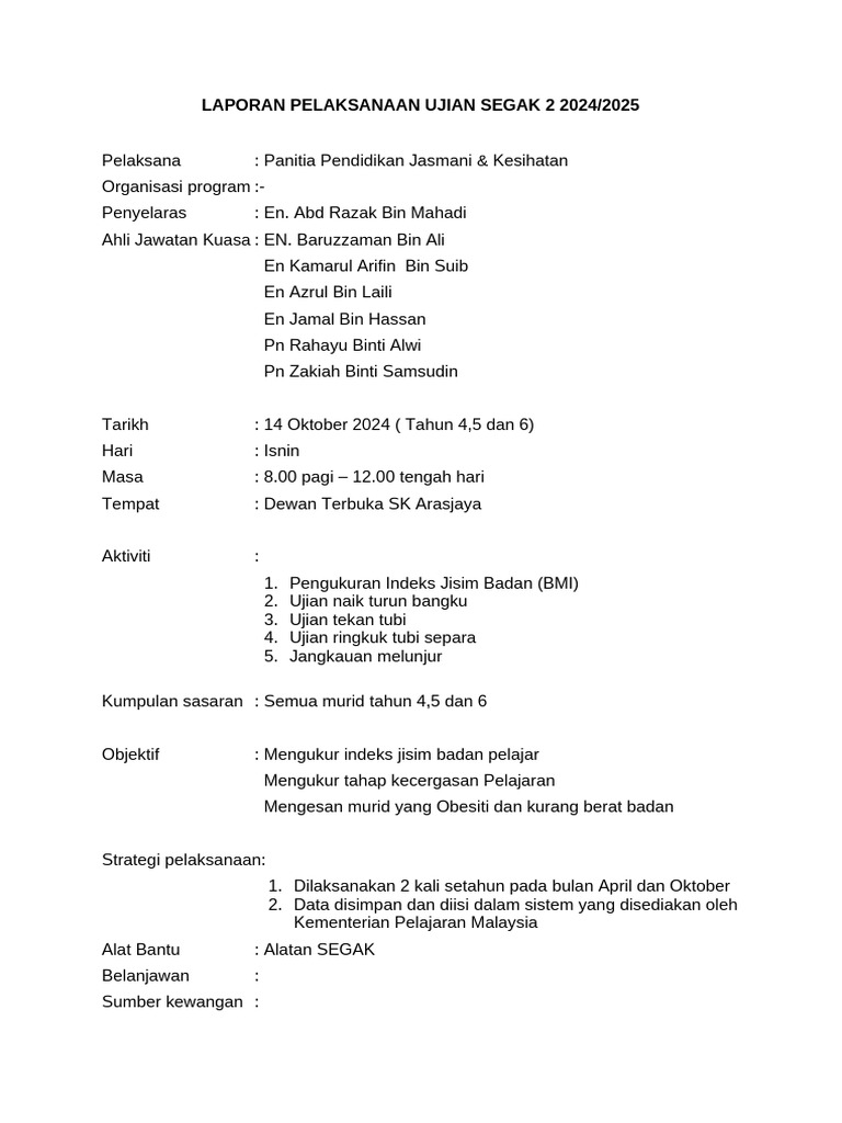 Laporan Pelaksanaan Ujian Segak 2 2024 | PDF