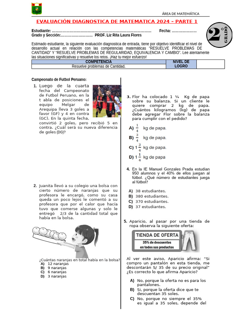 Evaluación Diagnóstica de Matemáticas 2024 | PDF