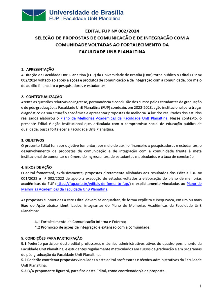 EDITAL FUP 002 - 2024 - Comunicação e Integração Comunidade | PDF ...