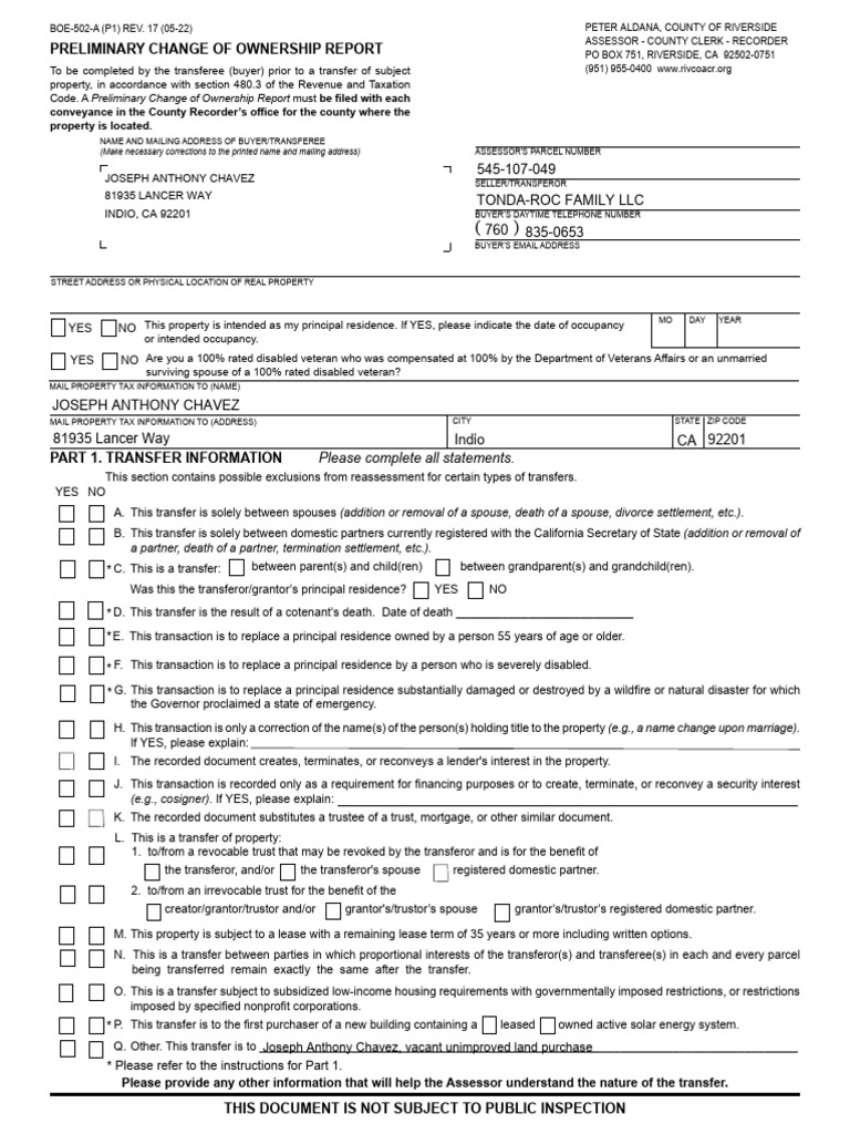 Preliminary Change of Ownership Report - BOE502A | PDF | Mortgages | Loans