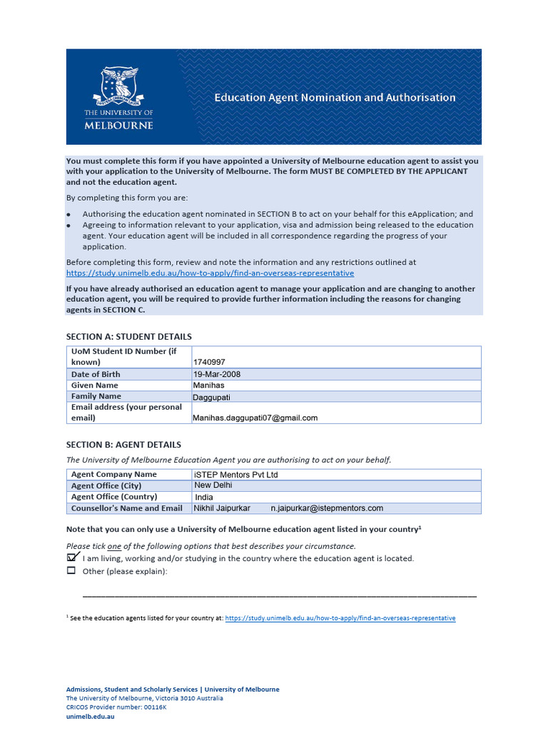 DRAFT Education Agent Nomination and Authorisation Form | PDF
