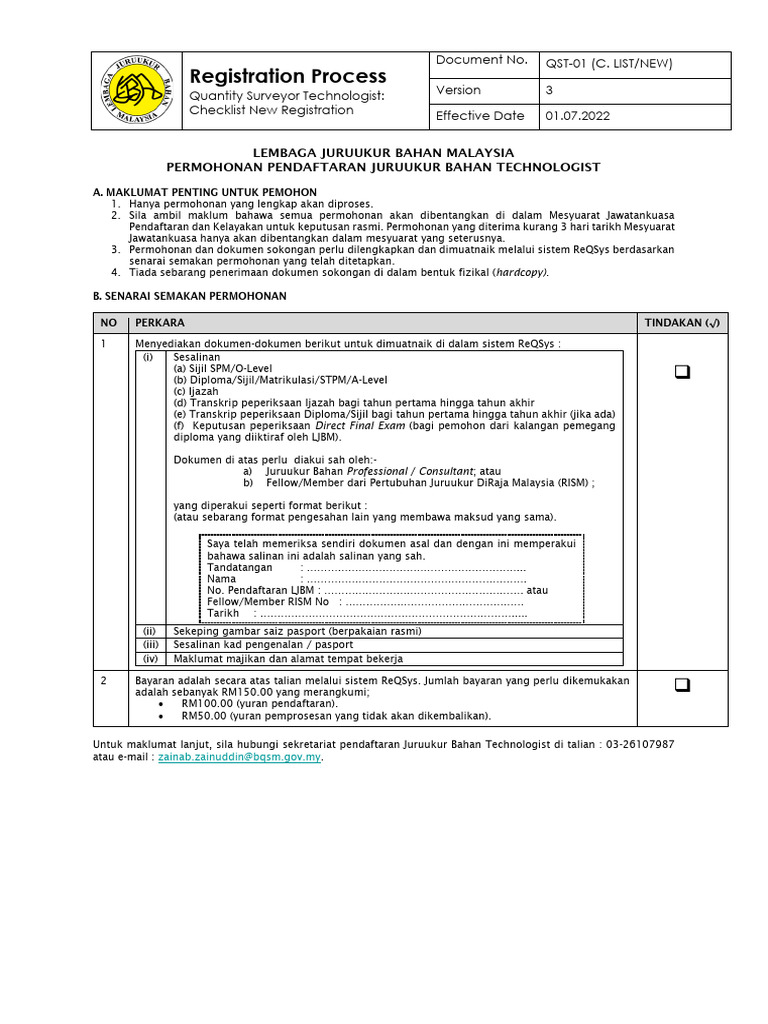 Checklist New Registration of QST 3 | PDF