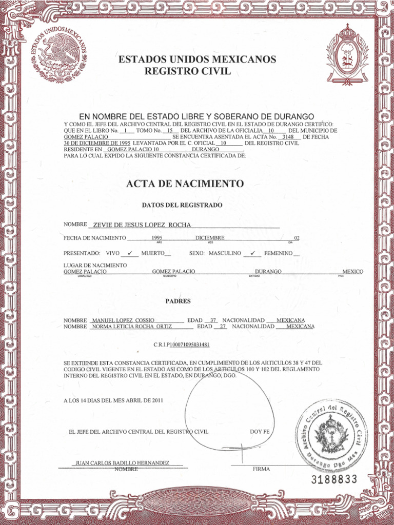 Acta de Nacimiento | PDF