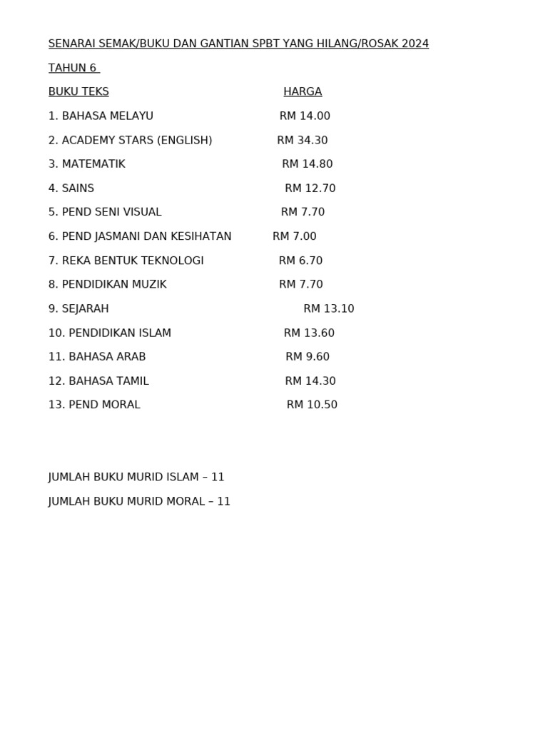 Senarai Buku Dan Harga Tahun 6 | PDF