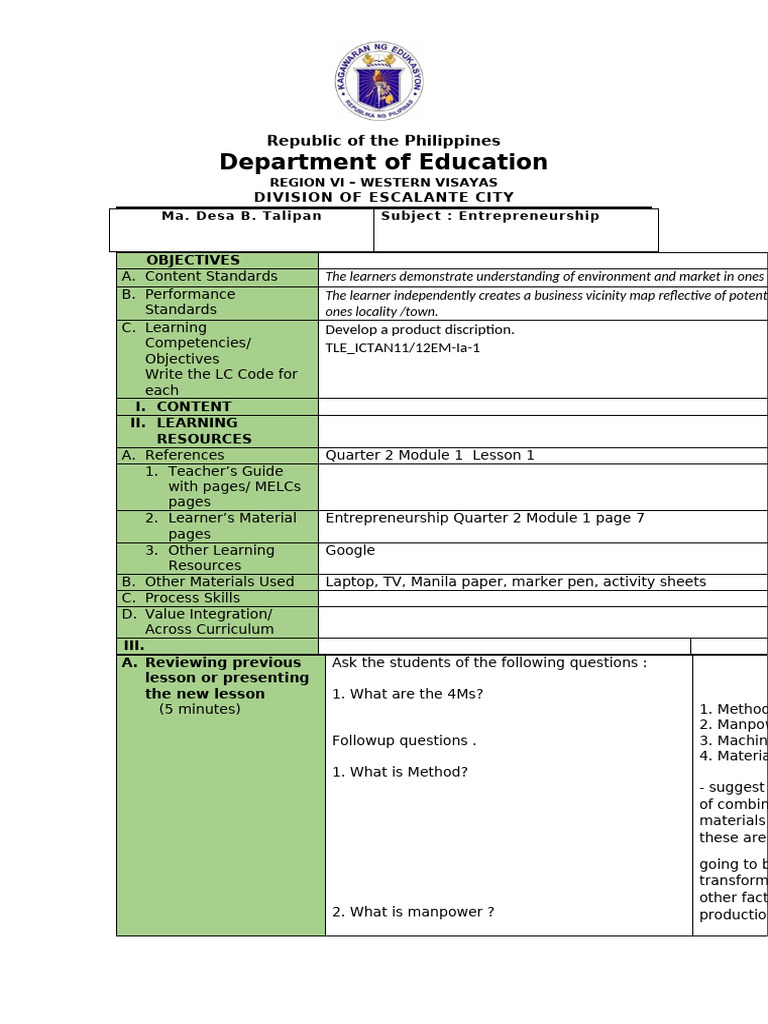 Entrepreneurship Module: Product Description | PDF | Learning | Target ...