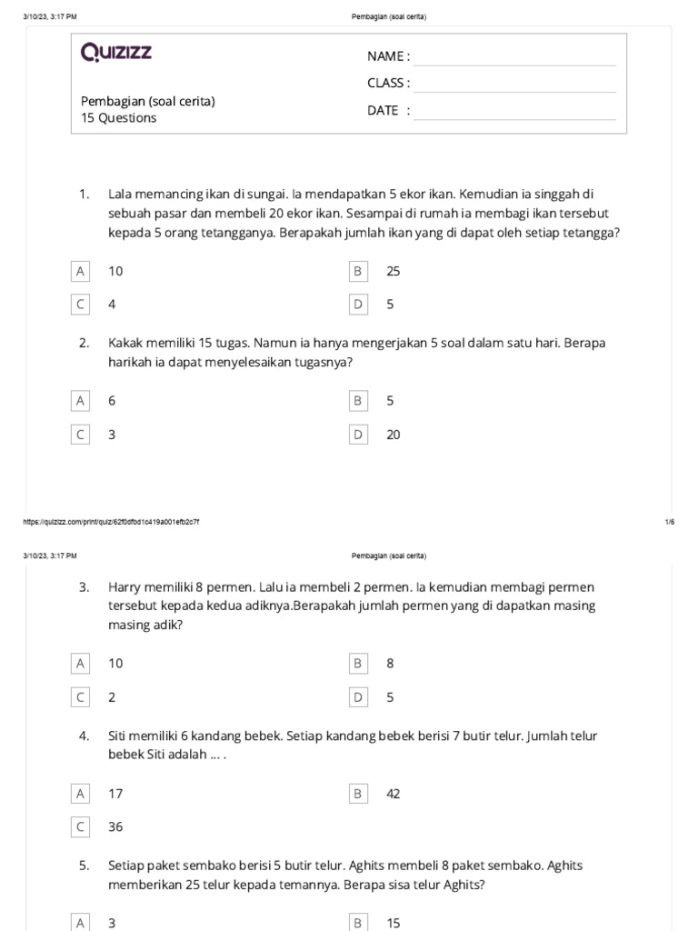PR SOAL CERITA PERKALIAN DAN PEMBAGIAN | PDF
