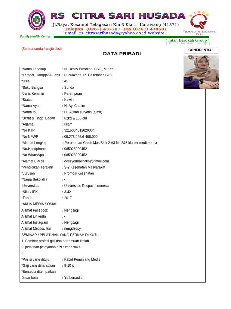 Form Aplikasi Karyawan RS Citra Sari Husada 2024 Update | PDF