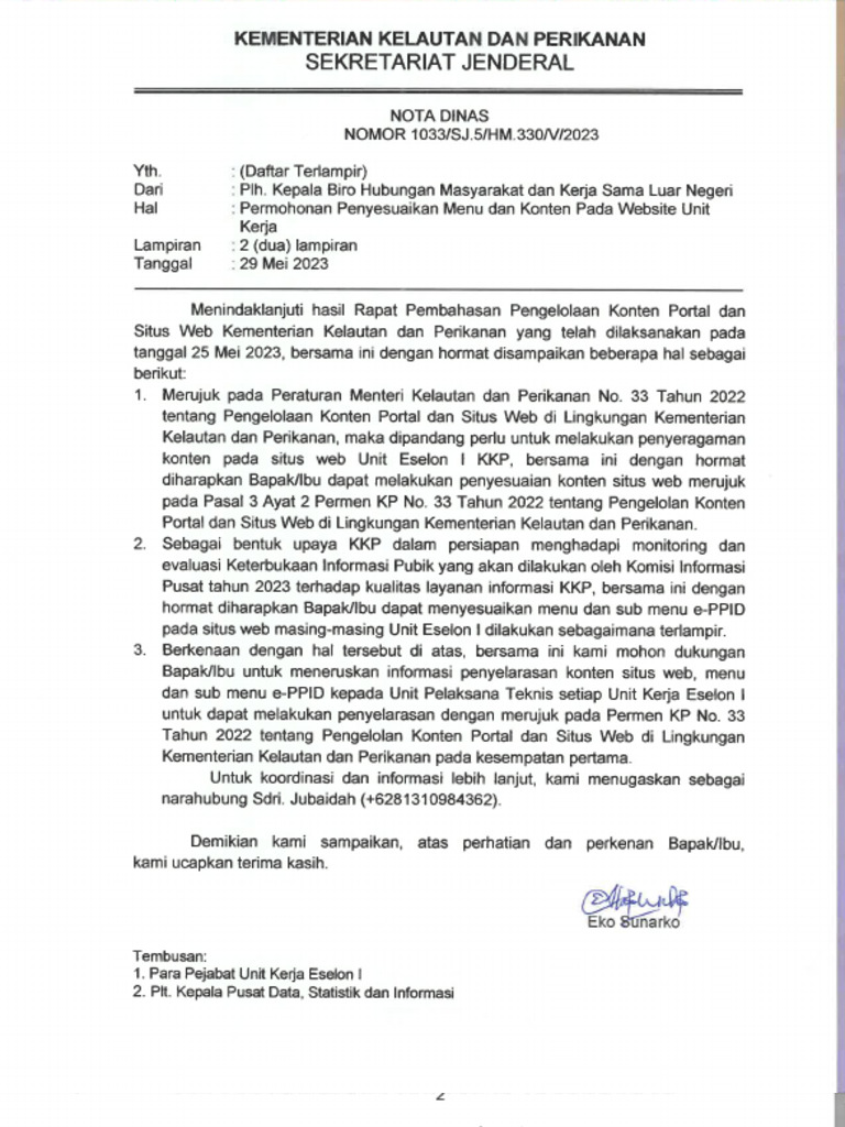 Nodin-Permohonan Penyesuaian Menu dan Konten pada Web KKP | PDF