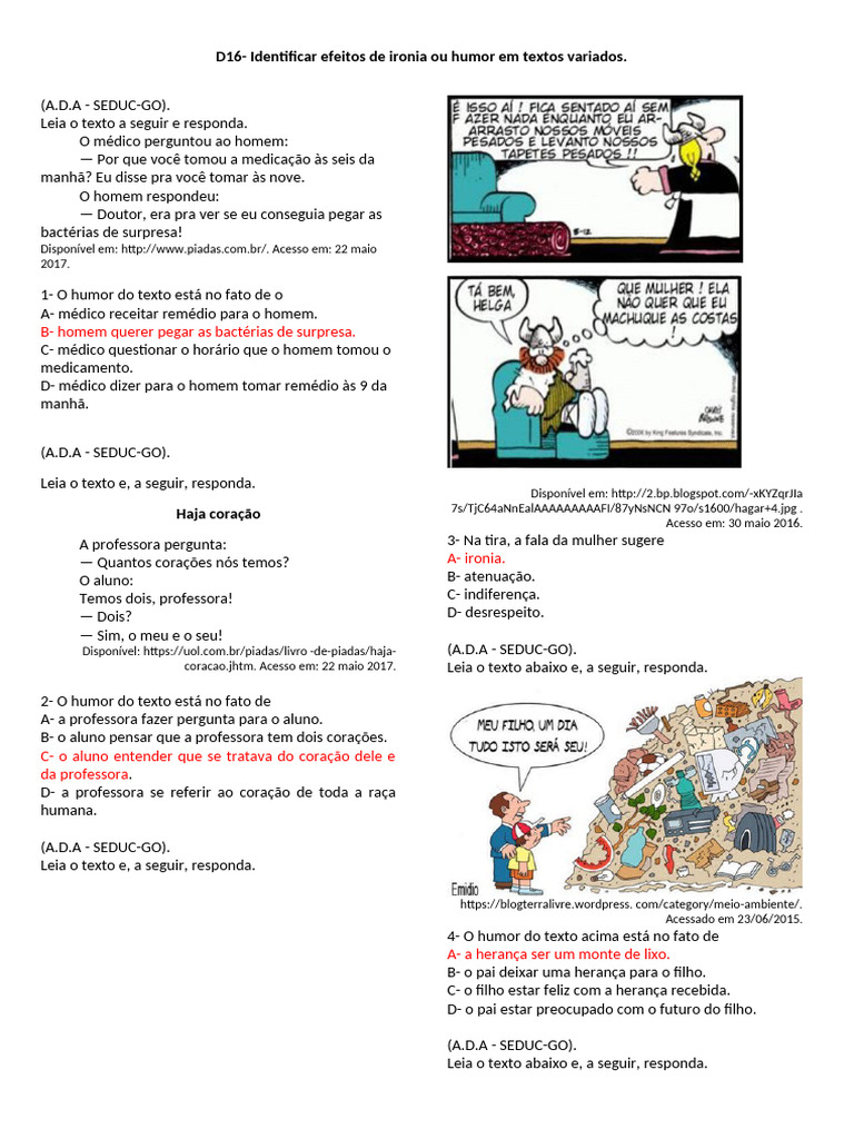 D16 - Identificar Efeitos de Ironia Ou Humor em Textos Variados. | PDF ...