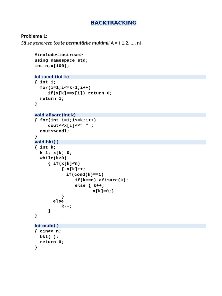 _..1. Probleme Rez. CPP - Generare PERMUTARI - Backtracking | PDF