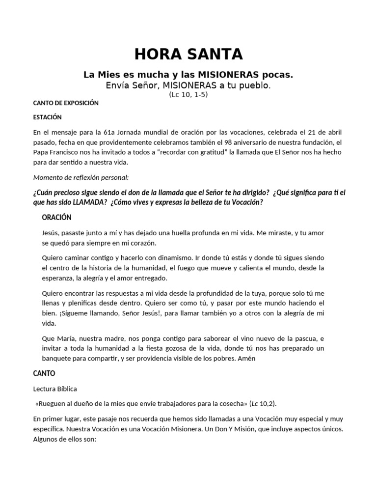 HORA SANTA para Imprimir | PDF | Misionero | María, madre de Jesús